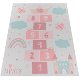 Kinderteppich Paco Home "Bino 585", beige (creme), B:80cm H:4mm L:150cm, Polyester, Teppiche, Kinderteppich, Spielteppich, Kurzflor, Motiv Regenbogen & H&uuml;pfk&auml;stchen
