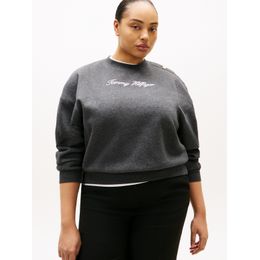 Sweatshirt Tommy Hilfiger Curve "CRV GOLD BTN SCRIPT FLEECE SWRT", Damen, Gr. 50, grau (dunkelgrau heather), Sweatware, Obermaterial: 64% Baumwolle, 36% Polyester, meliert, Rundhals, Rippb&uuml;ndchen, Sweatshirts Sweatshirt, in gro&szlig;en Gr&ouml;&szlig;en, mit goldfarbenen Zier-Kn&ouml;pfen