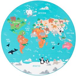 Kinderteppich Paco Home "Bino 564", blau (t&uuml;rkis), H:4mm &Oslash;:160cm, Polyester, Teppiche, Kinderteppich, Kurzflor, Motiv Weltkarte, Kinderzimmer