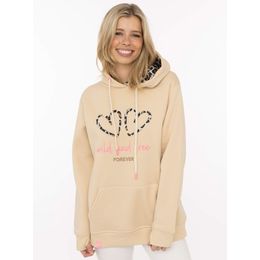 Hoodie Zwillingsherz "FOREVER wild", Damen, Gr. L/XL, beige, Sweatware, Obermaterial: 50% Baumwolle, 50% Polyester, Sweatshirts Hoodie, zwei gestickte Herzmotive, Leo-Design, Kapuze, K&auml;ngurutasche