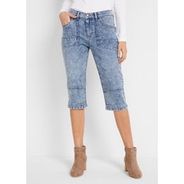 Caprijeans bonprix, Damen, Gr. 44, N-Gr, blau (hellblau used), Denim/Jeans, Obermaterial: 82% Baumwolle, 17% Polyester, 1% Elasthan, unifarben, regular fit kniebedeckend, Jeans, Regular Fit, aus Baumwollmischung, mit Knopf und Rei&szlig;verschluss