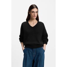 Strickpullover BOSS Orange "Fondyssa Premium Damenmode", Damen, Gr. M (38), schwarz (schwarz 001), Strick, Obermaterial: 44% Polyamid, 34% Alpaka, 22% Wolle, unifarben, bequem normal, V-Ausschnitt, Rippstrickb&uuml;ndchen, Pullover Strickpullover, im Relaxed Fit, V-Ausschnitt