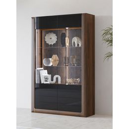 Vitrine Home Affaire "Kasai", schwarz (wallnut columbia, schwarz hgl), B:128,5cm H:200cm T:41cm, Dekorfolie, FSC-zertifizierter Holzwerkstoff, Glas, MDF, Schr&auml;nke, Vitrine
