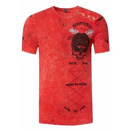 Rusty Neal Gewaschenes T-Shirt mit Rundhalsausschnitt, Knopfleiste und Druckmotiven