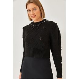 Strukturiertes Besticktes Rundhals Enges Crop Sweater
