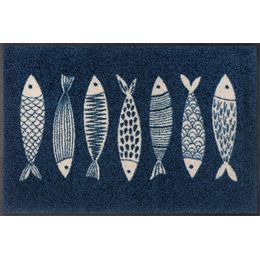 Fu&szlig;matte "Fish Tango", blau, B:50cm H:7mm L:75cm, Polyamid, wash+dry by Kleen-Tex, Teppiche, Fu&szlig;matte