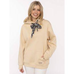 Hoodie Zwillingsherz "Leo Schleife", Damen, Gr. L/XL, beige, Sweatware, Obermaterial: 50% Baumwolle, 50% Polyester, Sweatshirts Hoodie, unifarben, Leomuster-Band an Kapuze vielseitig bind bar, K&auml;ngurutasche