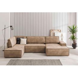 Wohnlandschaft OTTO HOME "SHERWOOD U-Form, 329 cm - OTTO. Verl&auml;ssliche Qualit&auml;t.", beige, B:329cm H:85cm T:195cm, 100% Polyester, Sofas, Wohnlandschaft, Schlaffunktion m. Bettkasten (194x139 cm), Cord, Vintage, Samtvelours