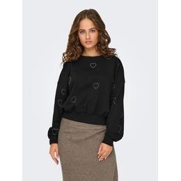 Sweatshirt Only "ONLBERIT L/S O-NECK SWT", Damen, Gr. XS, schwarz (schwarz detail:heart silber rhinestone), Sweatware, Obermaterial: 60% Baumwolle, 40% Polyester, bedruckt, regular fit h&uuml;ftlang, Rundhals, Rippb&uuml;ndchen, Sweatshirts Sweatshirt