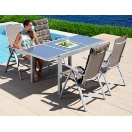 Garten-Essgruppe Merxx "Amalfi", grau (taupe), Obermaterial: 100% Polyester, Sitzm&ouml;bel-Sets, 4 Klappsessel, Tisch ausziehbar 90x120-180 cm, Alu/Textil