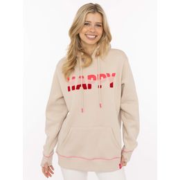 Hoodie Zwillingsherz "HAPPY", Damen, Gr. L/XL, hellbeige, Sweatware, Obermaterial: 50% Baumwolle, 50% Polyester, Sweatshirts Hoodie, bunter Schriftzug aus Frottee, Kapuze mit Kordel, K&auml;ngurutasche
