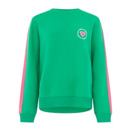Sweatshirt Zwillingsherz "Smile Everyday", Damen, Gr. L/XL, gr&uuml;n (dunkelgr&uuml;n), Sweatware, Obermaterial: 50% Baumwolle, 50% Polyester, Sweatshirts Sweatshirt, pinker Streifen am Arm, Rundhals, gesticktes Herz und Schrift