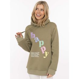 Hoodie Zwillingsherz "happy", Damen, Gr. L/XL, khaki, Sweatware, Obermaterial: 50% Baumwolle, 50% Polyester, Sweatshirts Hoodie, gro&szlig;er &bdquo;Happy&ldquo; Print, Kapuze mit Kordel, elastische B&uuml;ndchen