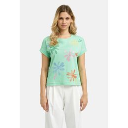 Rundhalsshirt Milano Italy, Damen, Gr. L, mint, Single Jersey, Material: 80% Baumwolle, 20% Leinen, bedruckt, regular fit normal, Rundhals, angeschnitten, Shirts Rundhalsshirt, mit &uuml;berschnittener Schulter