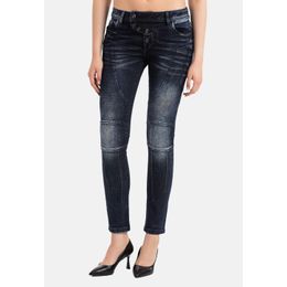 Cipo & Baxx 5-Pocket-Jeans CIPO & BAXX "WD469", Damen, Gr. 26, L&auml;nge 34, dunkelblau, 93% Baumwolle, 5% Polyester, 2% Elasthan, unifarben, slim fit lang, Jeans 5-Pocket-Jeans, Ausgefallene Knopfleiste