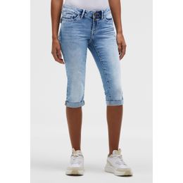 Regular-fit-Jeans SOCCX, Damen, Gr. 26, Kurz, sun and sand blau, Denim/Jeans, Material: 68% Baumwolle, 30% Polyester, 2% Elasthan, Zusatz: Enth&auml;lt nichttextile Teile tierischen Ursprungs (Badge), Abriebeffekte, regular fit, Jeans, mit Turn-Up Saum