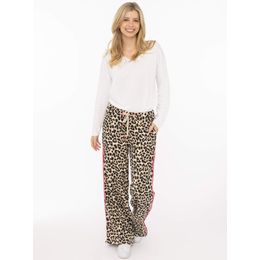 Sweathose Zwillingsherz "Leo Stripe", Damen, Gr. L/XL, N-Gr, taupe neon pink, Sweatware, Obermaterial: 50% Baumwolle, 50% Polyester, Hosen Sweathose, Leomuster, pinker Seitenstreifen, Kordelzug, Taschen, gerades Bein