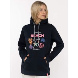 Hoodie Zwillingsherz "Beach Club", Damen, Gr. L/XL, marine, Sweatware, Obermaterial: 50% Baumwolle, 50% Polyester, Sweatshirts Hoodie, Muschel-Motiv, Kapuze mit bunter Kordel, K&auml;ngurutasche