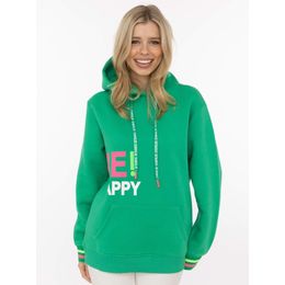 Hoodie Zwillingsherz "Be Happy", Damen, Gr. L/XL, dunkelgr&uuml;n, Sweatware, Obermaterial: 50% Baumwolle, 50% Polyester, Sweatshirts Hoodie, gestreifte B&uuml;ndchen, Aufdruck auf Brust, Kapuze, K&auml;ngurutasche