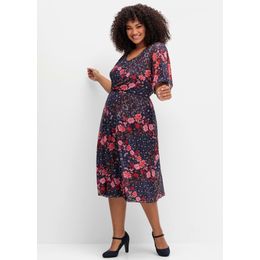 Sommerkleid sheego by Joe Browns "Mesh-Kleid", Damen, Gr. 44, Normalgr&ouml;&szlig;en, blau (blau gemustert), 92% Polyester, 8% Elasthan, bedruckt, gemustert, mehrfarbig, wadenlang, V-Ausschnitt, Kleider Sommerkleid