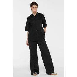 Kurzarmbluse SENSES.THE LABEL, Damen, Gr. M/L, schwarz, Web, Material: 75% Leinen, 25% Baumwolle, unifarben, regular fit normal, hoch geschlossener Ausschnitt, gerader Abschluss, Blusen, mit R&uuml;ckenpasse