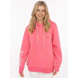 Hoodie Zwillingsherz "SMILE & LAUGH", Damen, Gr. L/XL, pink (neonpink), Sweatware, Obermaterial: 50% Baumwolle, 50% Polyester, Sweatshirts Hoodie, Print am Arm und Brust, Kapuze mit bedruckter Kordel, K&auml;ngurutasche
