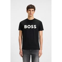 T-Shirt BOSS Orange "Thinking", Herren, Gr. S, schwarz (schwarz001), Jersey, Obermaterial: 100% Baumwolle, bedruckt, unifarben, regular fit normal, Rundhals, eingesetzt abgesteppte Kante, Shirts T-Shirt, Rundhalsausschnitt, Regular Fit, gro&szlig;er Logodruck