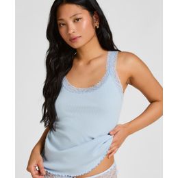 Hunkem&ouml;ller Pyjama HUNKEM&Ouml;LLER "Rippjersey-Top mit Spitze", Damen, Gr. L, blau, 45% Baumwolle, 45% Viskose, 10% Elasthan, Homewear-Sets Pyjama
