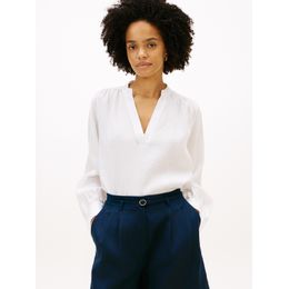 Langarmbluse Tommy Hilfiger "ESSENTIAL LINEN V-NECK LONGSLEEVE BLOUSE", Damen, Gr. L (42/44), th optic wei&szlig;, Web, Obermaterial: 100% Leinen, unifarben, gerade normal, V-Ausschnitt, mit Knopf mit Schlitz, Blusen, mit gerafften Schultern, Relaxed Fit