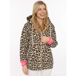 Kapuzensweatjacke Zwillingsherz "WILD WILD", Damen, Gr. L/XL, beige, Sweatware, Obermaterial: 50% Baumwolle, 50% Polyester, Sweatjacken, Leomuster, Kapuze mit Kordel, B&uuml;ndchen mit WILD Print, Zipper