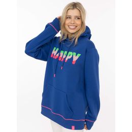 Hoodie Zwillingsherz "HAPPY", Damen, Gr. L/XL, royalblau, Sweatware, Obermaterial: 50% Baumwolle, 50% Polyester, Sweatshirts Hoodie, bunter Schriftzug aus Frottee, Kapuze mit Kordel, K&auml;ngurutasche