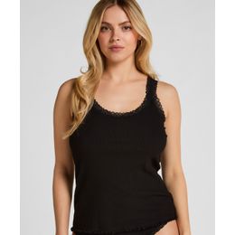Hunkem&ouml;ller Pyjama HUNKEM&Ouml;LLER "Rippjersey-Top mit Spitze", Damen, Gr. L, schwarz, 45% Baumwolle, 45% Viskose, 10% Elasthan, Homewear-Sets Pyjama