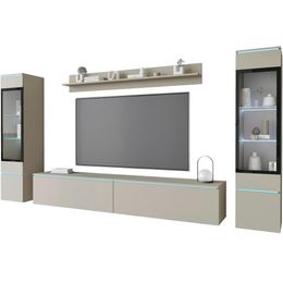 P & B Wohnwand Vera, Beige, Kaschmir, Kunststoff, 4-teilig, 6 F&auml;cher, kaltwei&szlig;, 240x130x33 cm, Fsc, stehend, h&auml;ngend, Beleuchtung, Wohnzimmer, Wohnzimmer-Sets & Serien, Komplette Wohnw&auml;nde