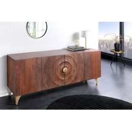 Riess Ambiente Handgearbeitetes Sideboard GOLDEN SUNSET 180cm braun mit 3D Schnitzereien gold Mangoholz Metallbeine Riess-Ambiente Glamour