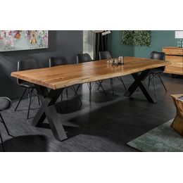 Riess Ambiente Massivholz Esstisch MAMMUT 220cm Akazie X-Gestell schwarz Metall Baumkante 6cm Tischplatte Baumtisch Riess-Ambiente Esszimmertisch rechteckig...