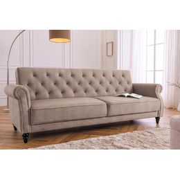 Riess Ambiente Schlafsofa MAISON BELLE AFFAIRE 220cm greige Vogue Seiden Samtstoff 3-Sitzer Riess-Ambiente Wohnzimmer Chesterfield Glamour