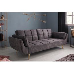 Riess Ambiente Retro Schlafsofa BOUTIQUE 215cm dunkelgrau Samt 3-Sitzer mit goldenen F&uuml;&szlig;en Riess-Ambiente Wohnzimmer