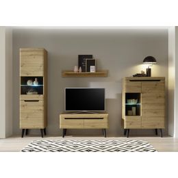 Wohnwand Home Affaire "Torge, Anbauwand, Schrankwand, Mediawand, Wohnzimmer-Set", schwarz (eiche artisan dekor, eiche artisan dekor, applikationen schwarz), B:344cm, Kastenm&ouml;bel-Sets, Wohnwand, Lowboard: (B/T/H): 107/ 40/ 50 cm
