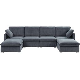Wohnlandschaft, grau, B:310cm H:87cm T:88cm, ATLANTIC HOME COLLECTION, Sofas, Wohnlandschaft, modularer 4-Sitzer mit 2 Hockern, weicher Cordbezug