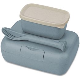 Lunchbox Koziol "Bentobox L + Besteck-Set CANDY READY", blau (nature flower blau), B:13,5cm H:6,5cm L:19cm, Kunststoff, Lebensmittelaufbewahrungsbeh&auml;lter, Lunchbox, Made in Germany. Biozirkul&auml;rer Kunststoff