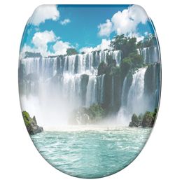 WC-Sitz Sanilo "Wasserfall mit Absenkautomatik & Quick Release", bunt (gr&uuml;n, blau, wei&szlig;), B:37,7cm L:47cm, MDF - Mitteldichte Holzfaserplatte, WC-Sitze, Premium Toilettendeckel, abnehmbar, leichte Montage von oben