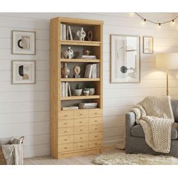 B&uuml;cherregal Home Affaire "Soeren Regal mit 5 breiten Schubk&auml;sten in geteilter Optik", braun (natur), B:80cm H:220cm T:29cm, Massivholz, Regale, B&uuml;cherregal, T/H: 80/29/220 cm, Kiefer FSC-zertifiziert, elegante Metallgriffe