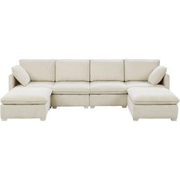 Wohnlandschaft, beige (creme, wei&szlig;), B:310cm H:87cm T:88cm, ATLANTIC HOME COLLECTION, Sofas, Wohnlandschaft, modularer 4-Sitzer mit 2 Hockern, weicher Cordbezug
