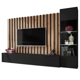 Furn.Design Wohnwand, Schwarz, Eiche Artisan, Holzwerkstoff, Nachbildung,Eiche, Uni, Holz Optik, 2 F&auml;cher, 220x148x35 cm, Wohnzimmer, Wohnw&auml;nde, Wohnwand-Sets