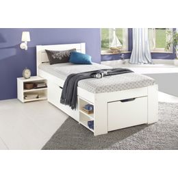 Massivholzbett OTTO HOME "HANNES " mit Schubladen und Regalen, Nachtschrank ausziehbar, stabil", wei&szlig;, B:96cm L:205cm, Betten, Massivholzbett, FSC-zertifiziertes Kiefernholz, ideal f&uuml;r kleine R&auml;ume