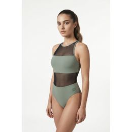 Badeanzug arena "arena Feel Damen Mesh Panels Vent Back Badeanzug", Damen, Gr. 38, N-Gr, gr&uuml;n (sage), Obermaterial: 74% Polyamid, 26% Elasthan, Badeanz&uuml;ge Badeanzug, Mit transparenten Eins&auml;tzen