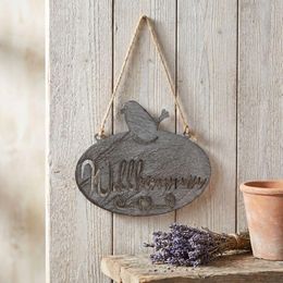 Gartenstecker AMBIENTE HAUS "Willkommen Schild mit Vogel (B) 20cm", grau, B:24cm H:34cm, Metall, Gartenstecker, zum Aufh&auml;ngen mit Schnur f&uuml;r Innen- u. Au&szlig;enbereich