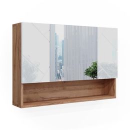 VICCO Badspiegelschrank, Wei&szlig; Hochglanz, Honigeiche, Holzwerkstoff, 7 F&auml;cher, Rechteckig, 80.1x55x17 cm, Badezimmer, Badezimmerspiegel, Spiegelschr&auml;nke