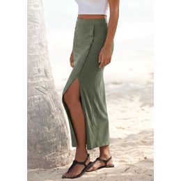 Midirock Buffalo, Damen, Gr. 34, gr&uuml;n (khaki), Jersey, Obermaterial: 95% Viskose, 5% Elasthan, unifarben, figurumspielend ca. Mitte Wade, R&ouml;cke, mit Schlitz und Zierknopfleiste, elastischer Jerseyrock, Strandrock