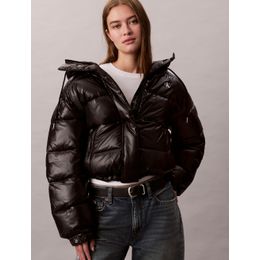 Steppjacke Calvin Klein Jeans "SHINE PUFFER", Damen, Gr. XL (44), schwarz, Web, Obermaterial: 100% Polyamid, unifarben, regular fit taillenbedeckt, hoch geschlossener Ausschnitt, angesetztes B&uuml;ndchen mit Druckkn&ouml;pfen, Jacken Steppjacke, regular fit, mit Kapuze, gl&auml;nzendes Material